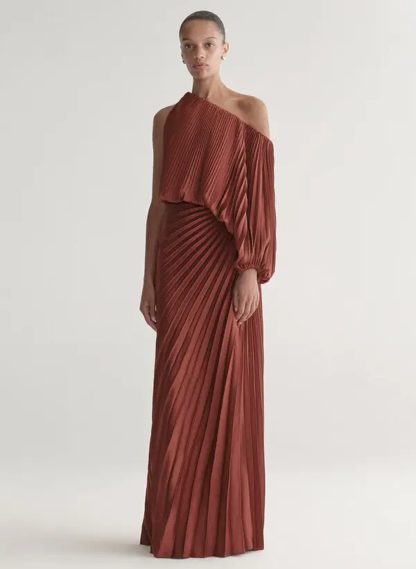 A.L.C. Bianca Satin Pleated Maxi Skirt - Rust