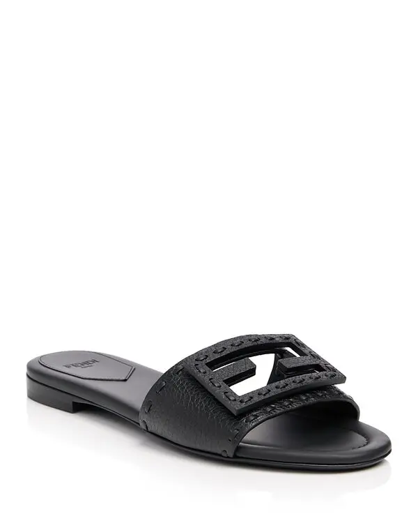 Fendi Baguette Leather Selleria Slides - Black