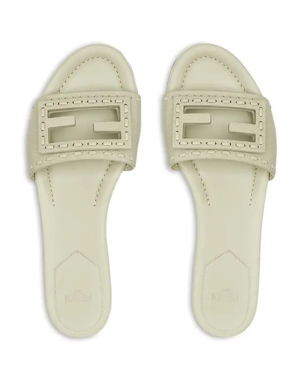 Fendi Baguette Leather Selleria Slides - Light Green