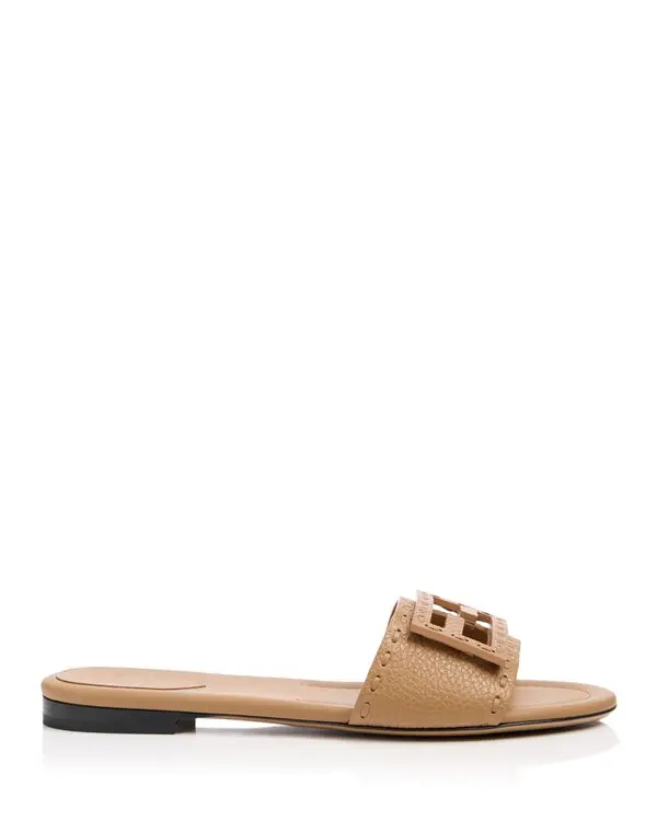 Fendi Baguette Leather Selleria Slides - Tan