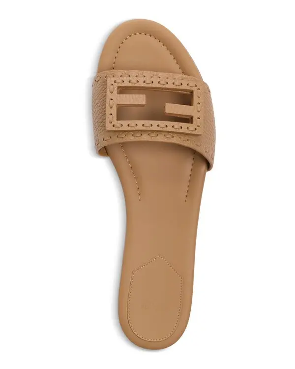 Fendi Baguette Leather Selleria Slides - Tan