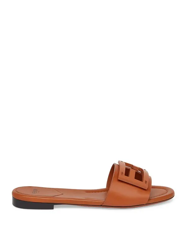 Fendi Baguette Leather Slides - Cuoio