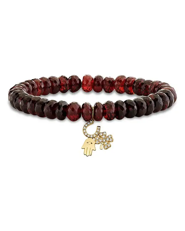 SYDNEY EVAN 14k Yellow Diamond And Garnet Charm Beaded Bracelet - Gold