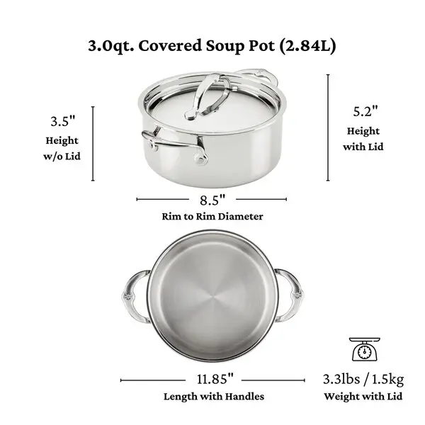 HESTAN Probond Luxe 4 Quart Polished Professional Clad Stainless Steel Soup Pot With Lid