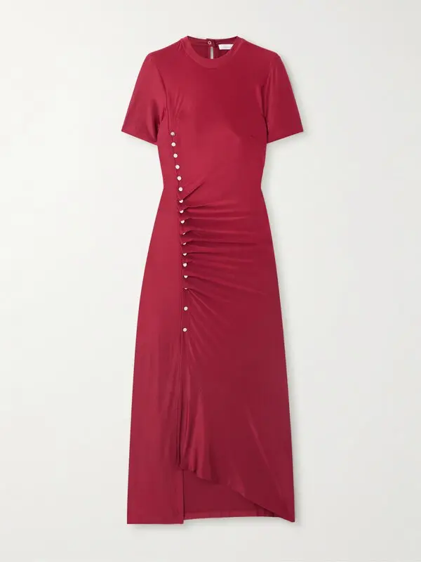 Rabanne Button-detailed Gathered Jersey Midi Dress - Red