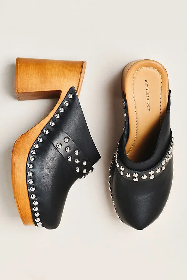 Anthropologie Studded Block-heel Clogs - Black