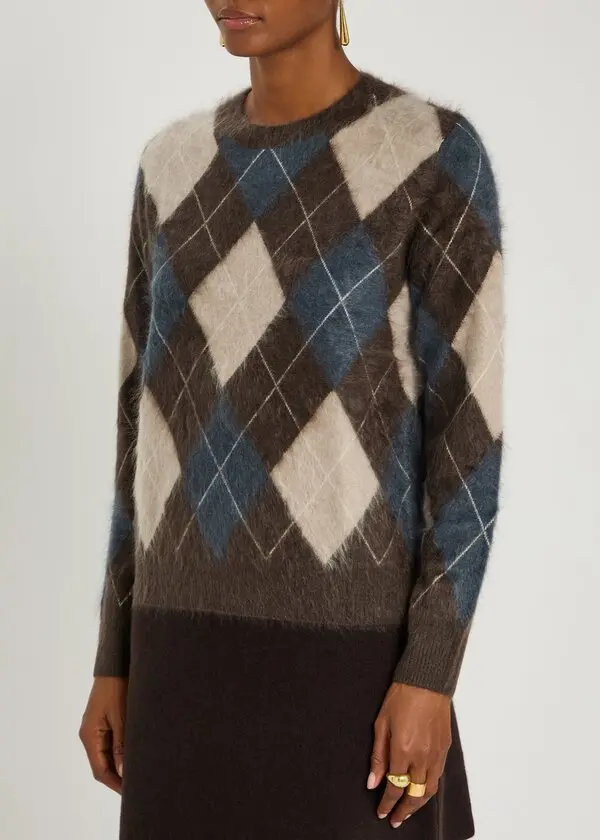 LISA YANG Brushed Cashmere Argyle Jumper - Brown