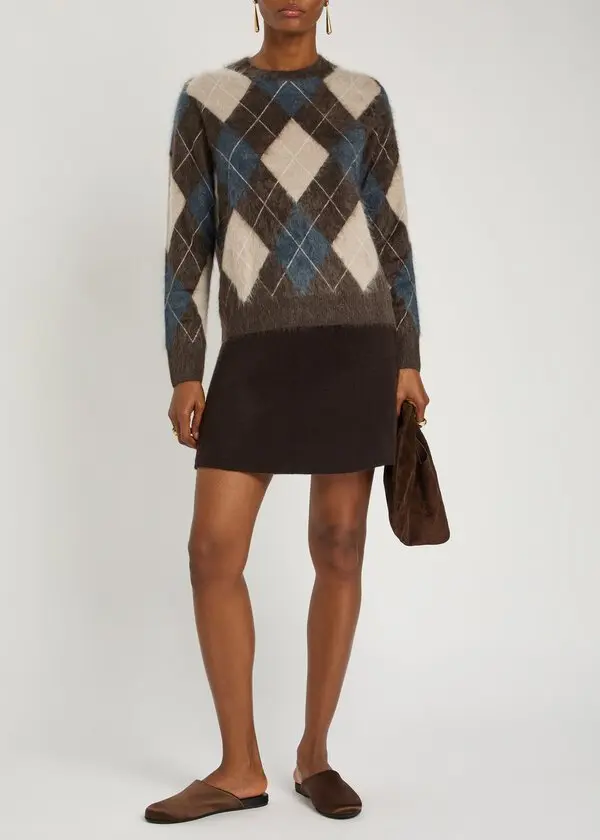 LISA YANG Brushed Cashmere Argyle Jumper - Brown