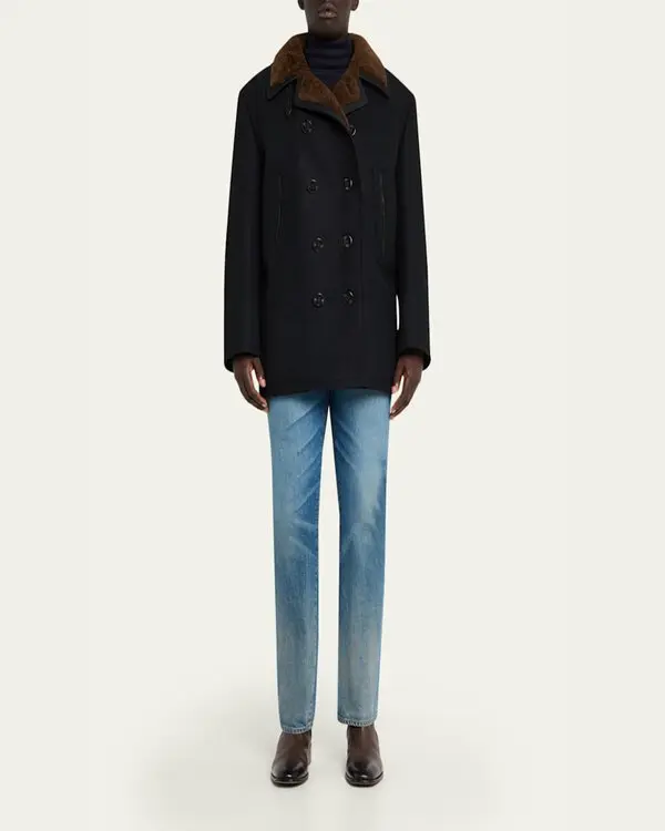 TOM FORD Melton Wool Shearling Double-breasted Pea Coat