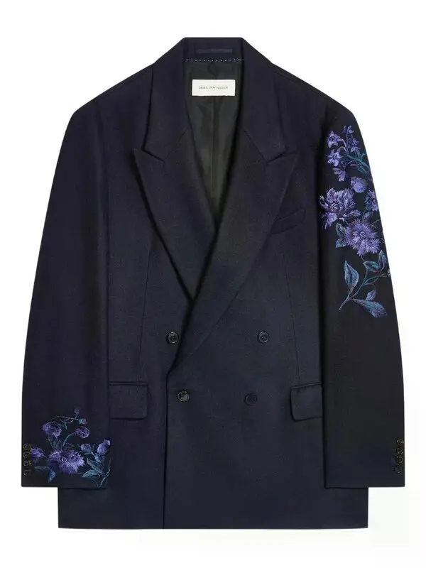 Dries Van Noten Floral-embroidered Double-breasted Blazer - Blue