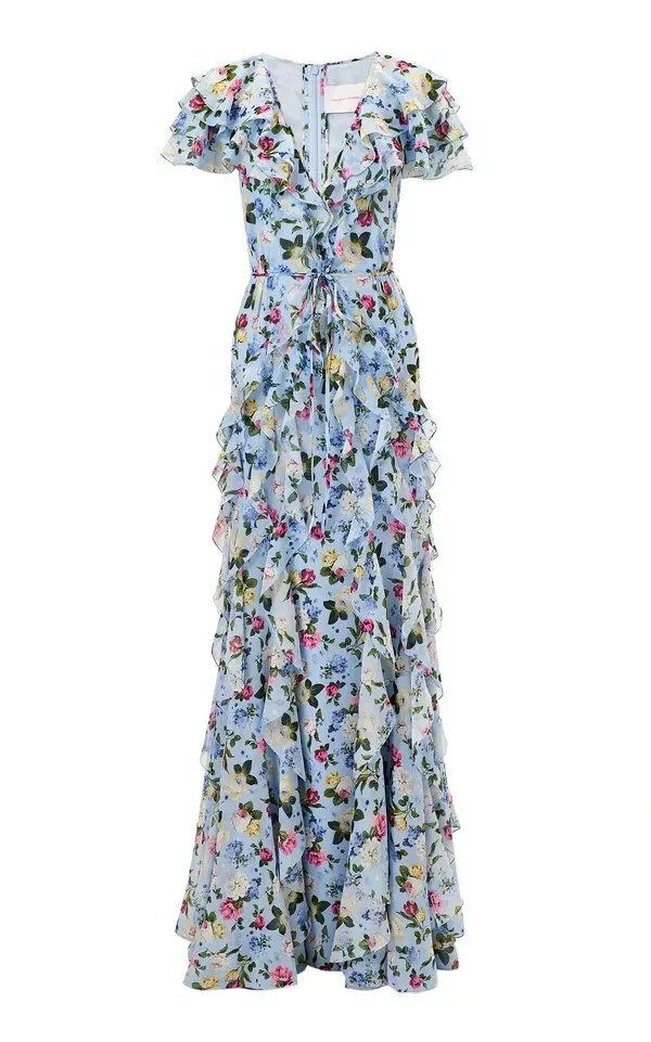 Carolina Herrera Ruffled Garden Floral Silk Chiffon Gown - Light Blue