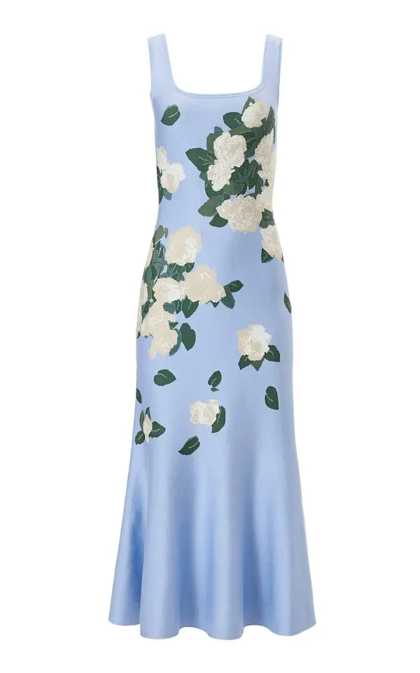 Carolina Herrera Scoop Neck Floral Knit Midi Dress