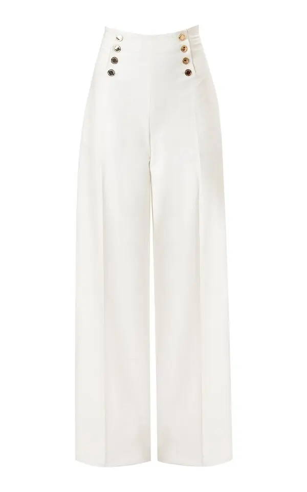 Carolina Herrera High-rise Cotton Sateen Wide-leg Pants With Decorative Buttons - White
