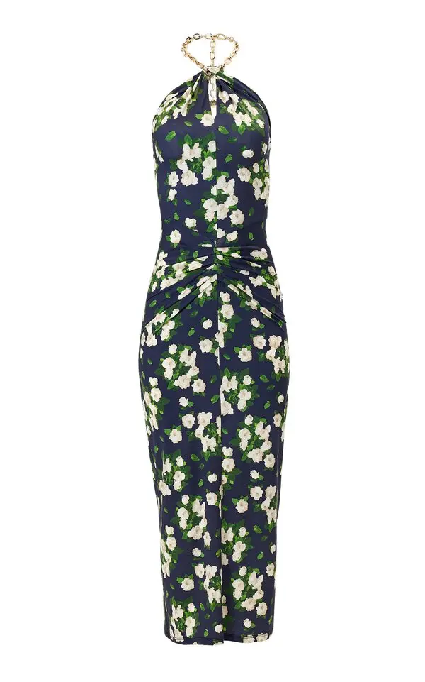 Carolina Herrera Painted Rose Jersey Halter Midi Dress - Floral