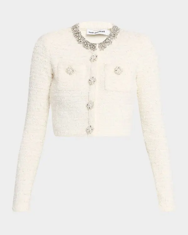 SELF-PORTRAIT Embellished Textured Knit Cardigan - Beige