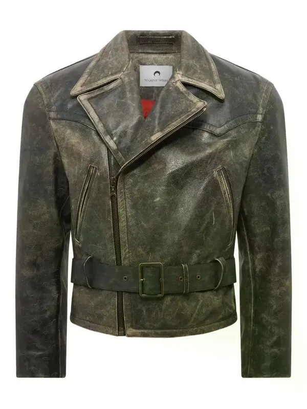 MARINE SERRE Belted Leather Biker Jacket