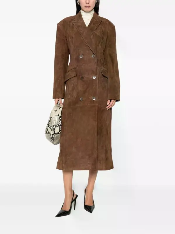 DUCIE Aggie Double-breasted Suede Long Coat - Brown