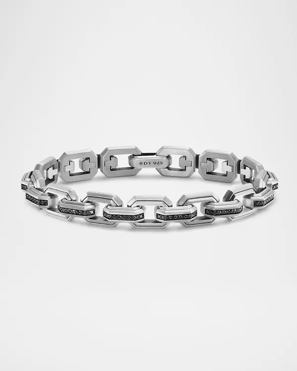 David Yurman Faceted Flat Link Bracelet In Silver With Diamonds, 11mm - Black