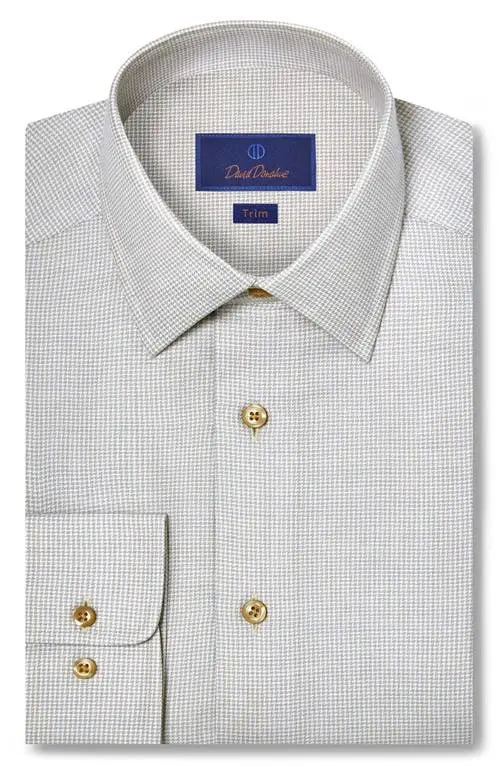 David Donahue Trim Fit Tan Microcheck Cotton & Cashmere Dobby Dress Shirt - Sand