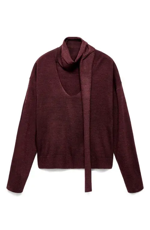 Mango V-neck Sweater With Attached Scarf - Wine