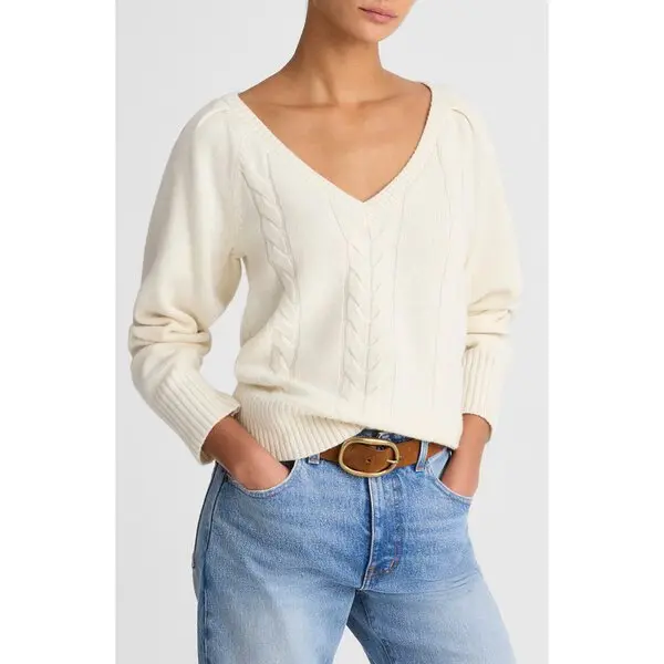 Madewell V-neck Merino Wool Cable-stitch Sweater - Arctic
