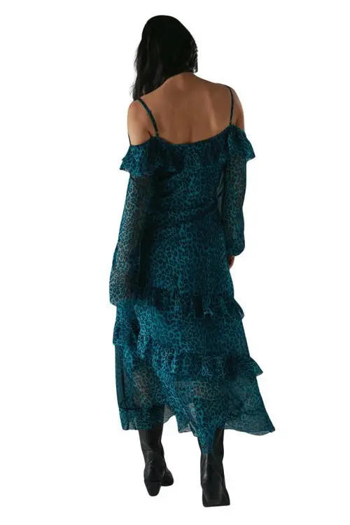 WAREHOUSE Ruffled Cold Shoulder Midi Dress
