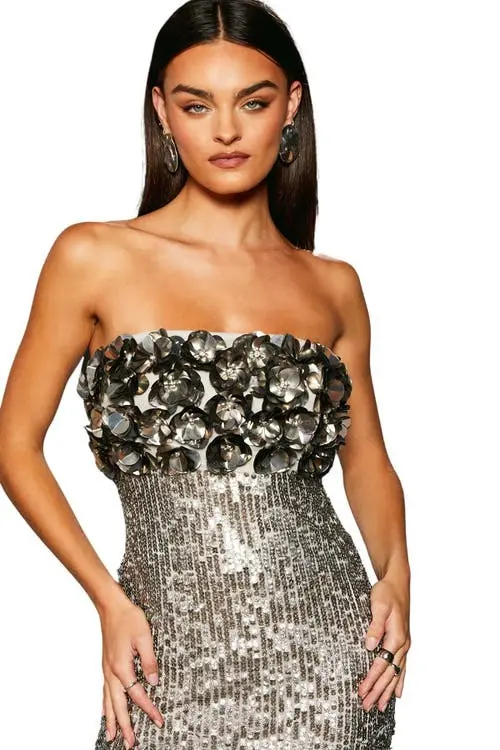 WAREHOUSE Runway Sequin Strapless Column Midi Dress
