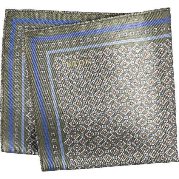 Eton Geometric & Paisley Reversible Silk Pocket Square - Medium Green