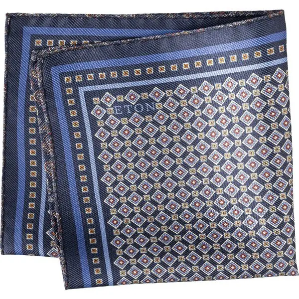 Eton Geometric & Paisley Reversible Silk Pocket Square - Navy