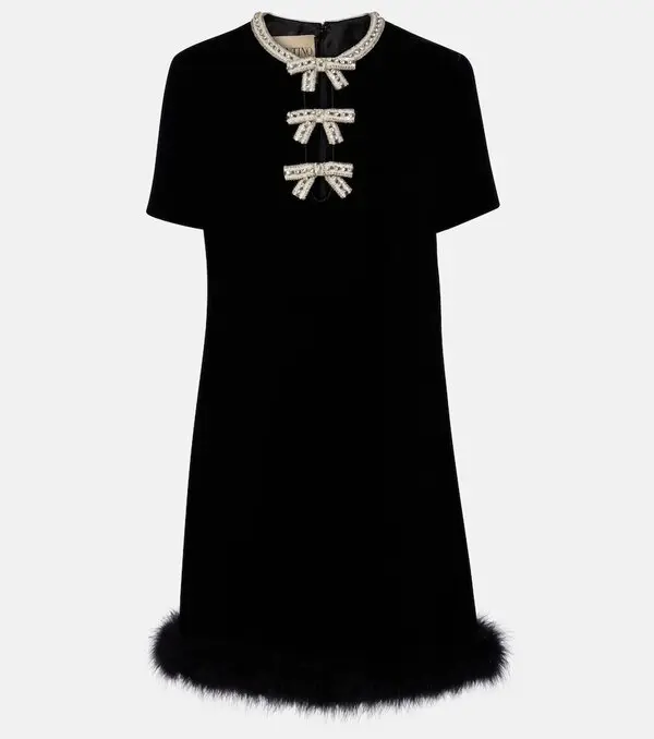 Valentino Garavani Embellished Feather-trimmed Velvet Minidress - Black