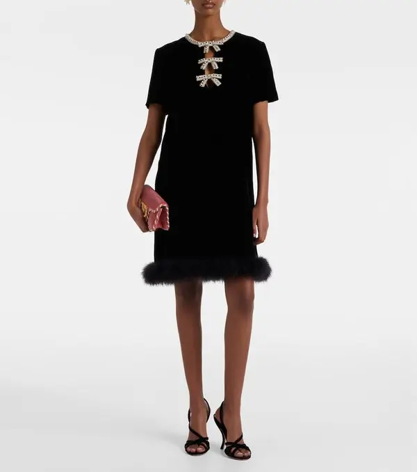 Valentino Garavani Embellished Feather-trimmed Velvet Minidress