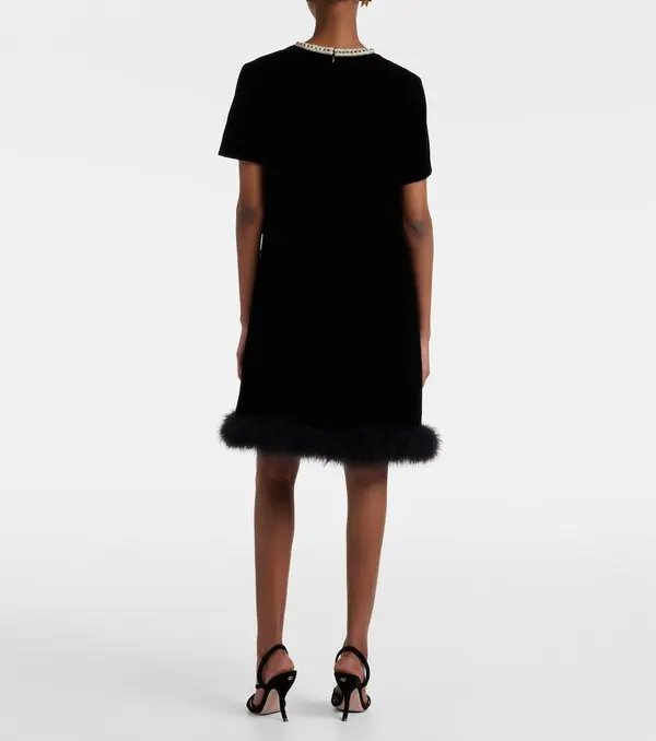 Valentino Garavani Embellished Feather-trimmed Velvet Minidress