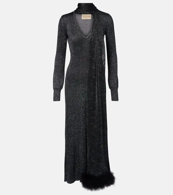 Valentino Garavani Feather-trimmed Lamé Maxi Dress