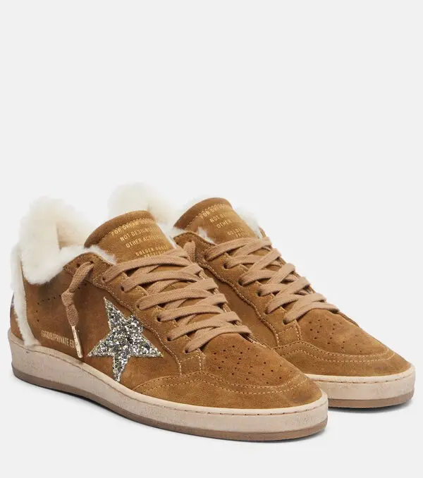 GOLDEN GOOSE Ball Star Shearling-trimmed Suede Sneakers - Brown