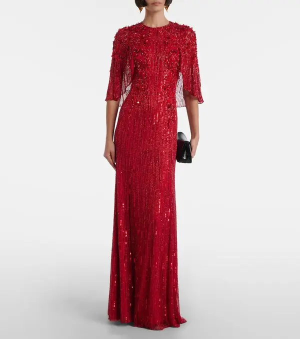 Jenny Packham Violetta Embellished Caped Gown