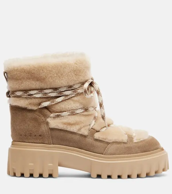 Hogan Shearling And Suede Ankle Boots