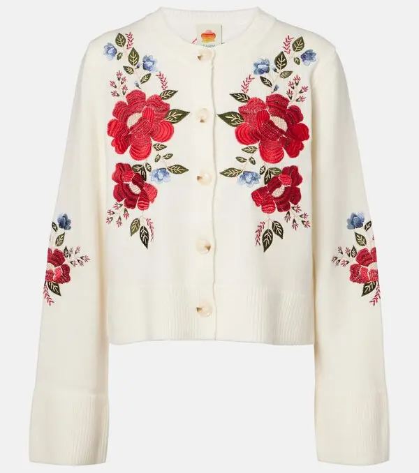 Farm Rio Embroidered Wool Cardigan - White