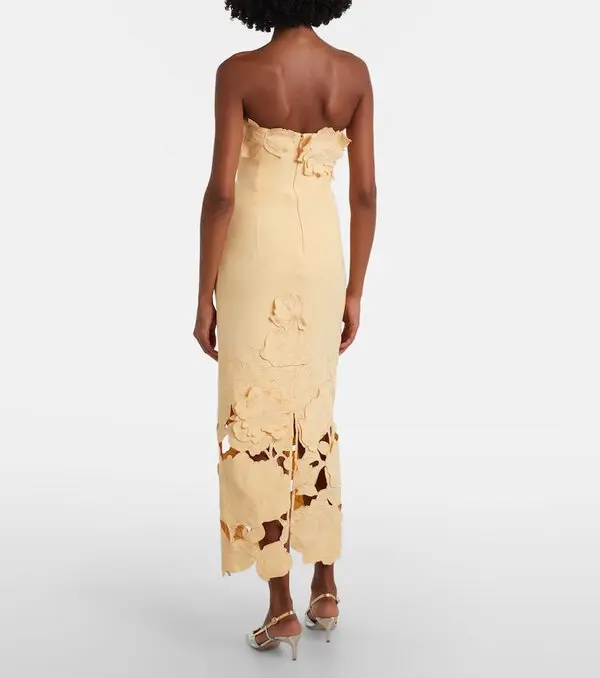 LEO LIN Rayna Floral-appliqué Strapless Midi Dress - Yellow