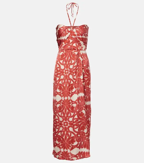 Poupette St Barth Collina Printed Satin Midi Dress - Red