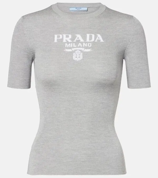 Prada Logo Ribbed-trim Silk T-shirt