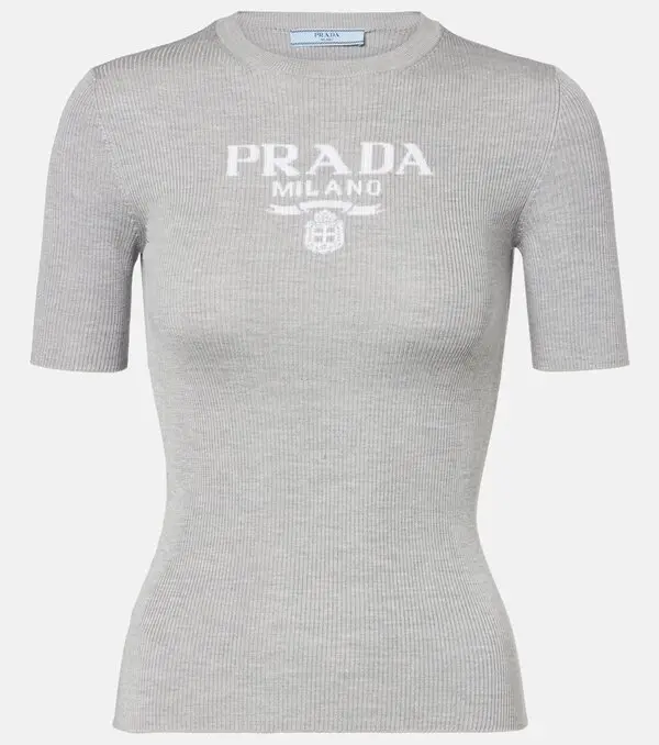 Prada Logo Ribbed-trim Silk T-shirt - Grey