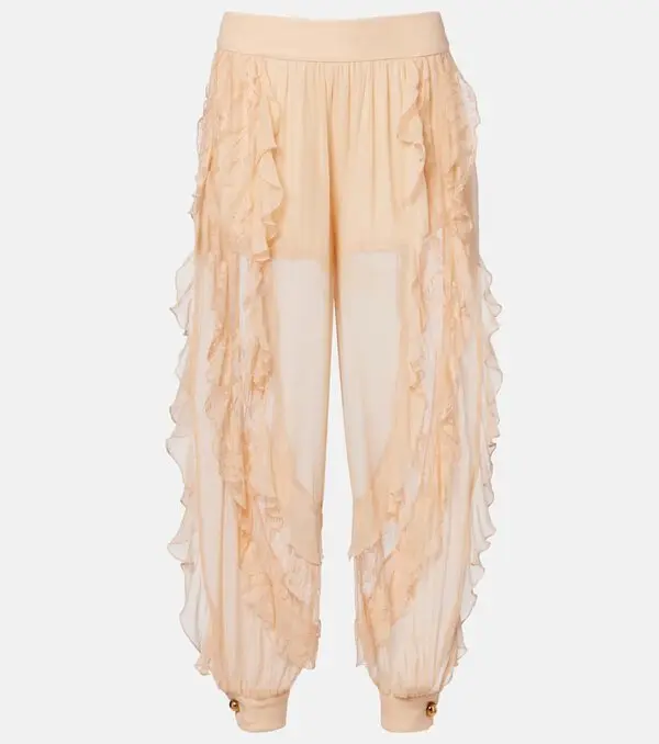 Zimmermann Rebellion Splice Ruffled Silk Tapered Pants
