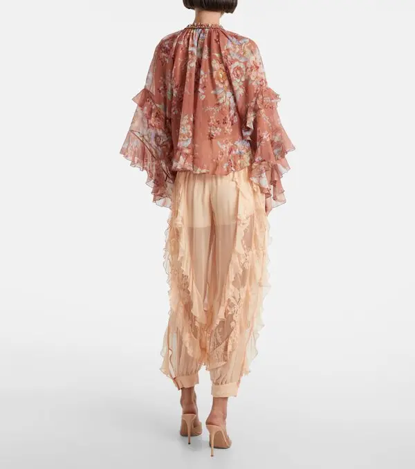 Zimmermann Rebellion Splice Ruffled Silk Tapered Pants