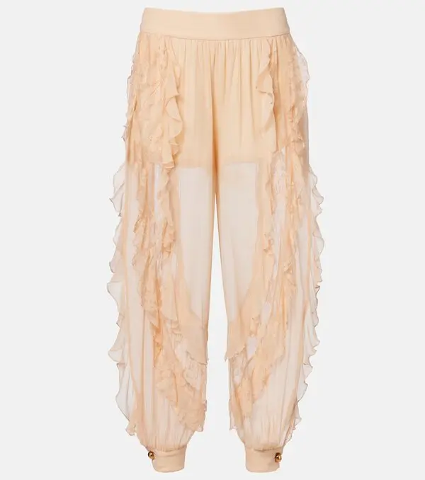 Zimmermann Rebellion Splice Ruffled Silk Tapered Pants - Pink