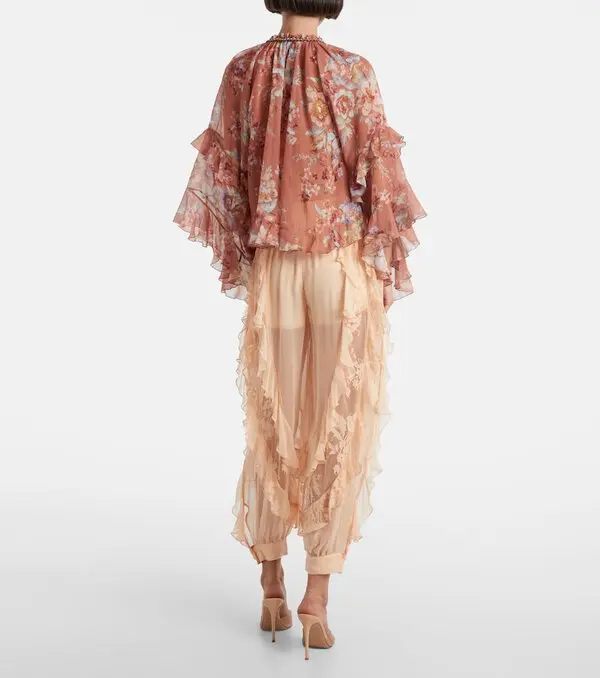 Zimmermann Rebellion Splice Ruffled Silk Tapered Pants - Pink