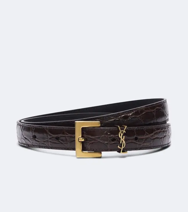 Saint Laurent Cassandre Croc-effect Leather Belt - Brown