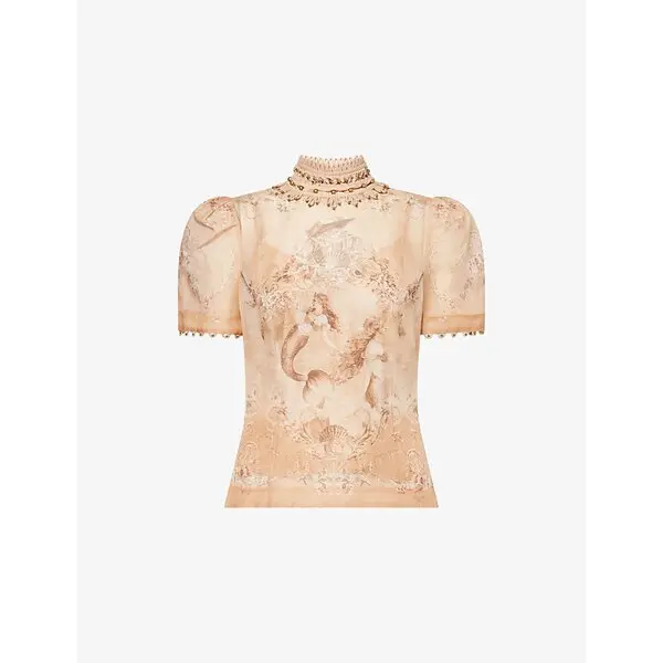 Zimmermann Beaded Linen-silk Woven Top