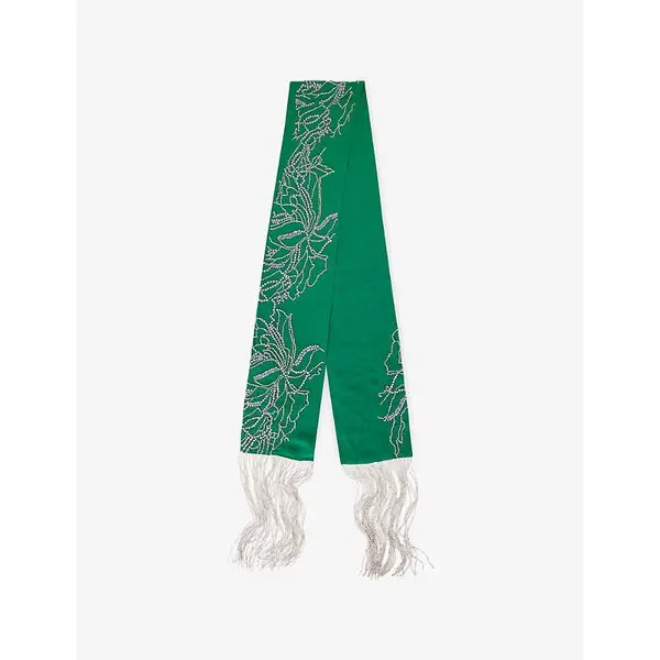Dries Van Noten Beaded Fringed Silk Scarf - Green