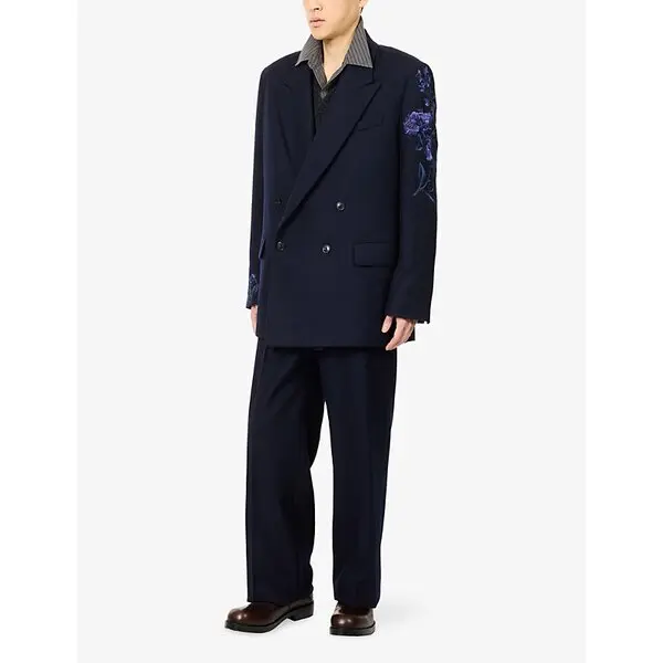 Dries Van Noten Bishop Embroidered Wool Jacket - Navy