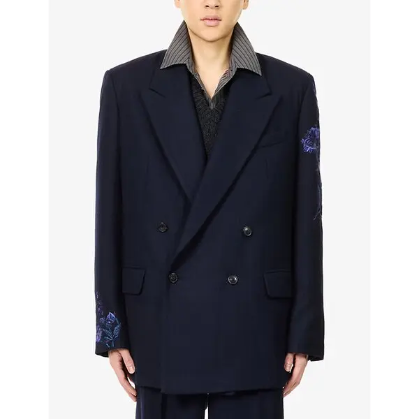 Dries Van Noten Bishop Embroidered Wool Jacket - Navy